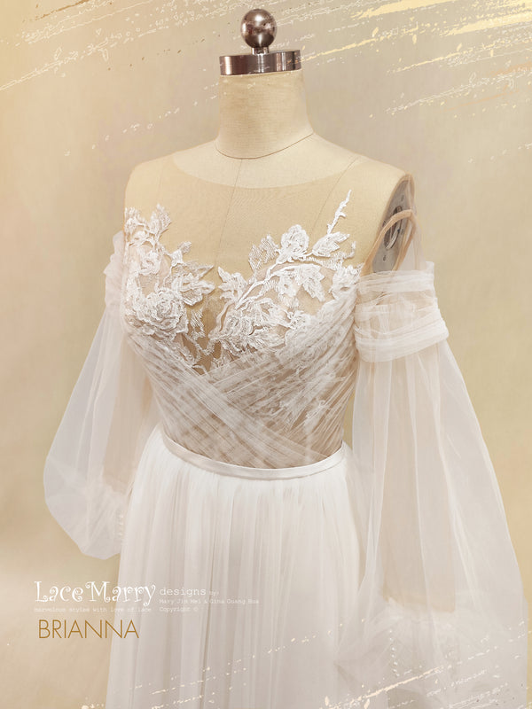BRIANNA / Boho Wedding Dress with Illusion Neckline & Balloon Sleeves ...