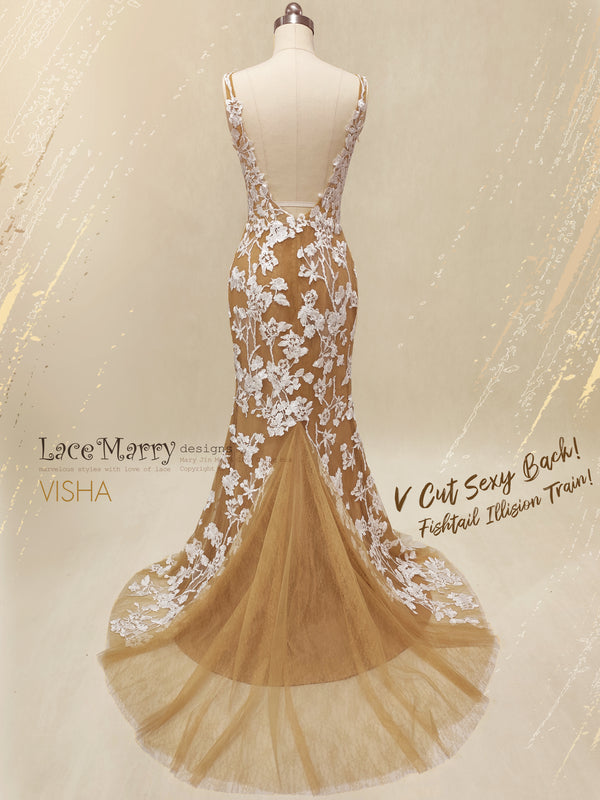 VISHA / Nude Wedding Dress with Ivory Flower Appliques - LaceMarry
