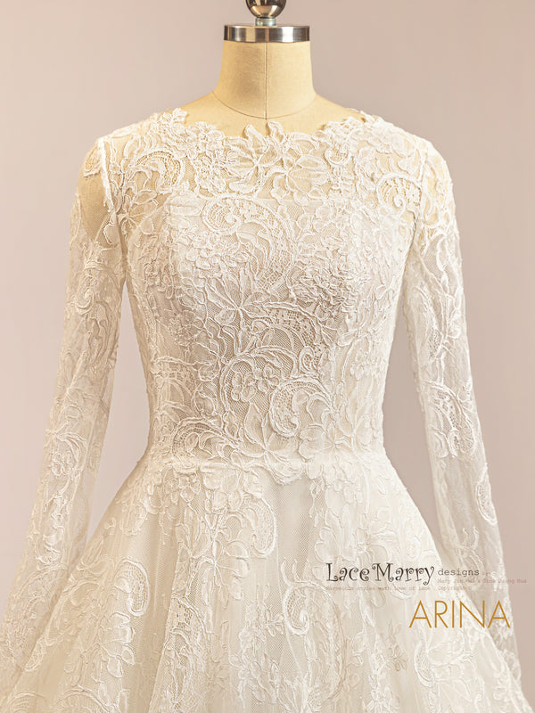 ARINA / A Line Lace Wedding Dress with Long Sleeves - LaceMarry