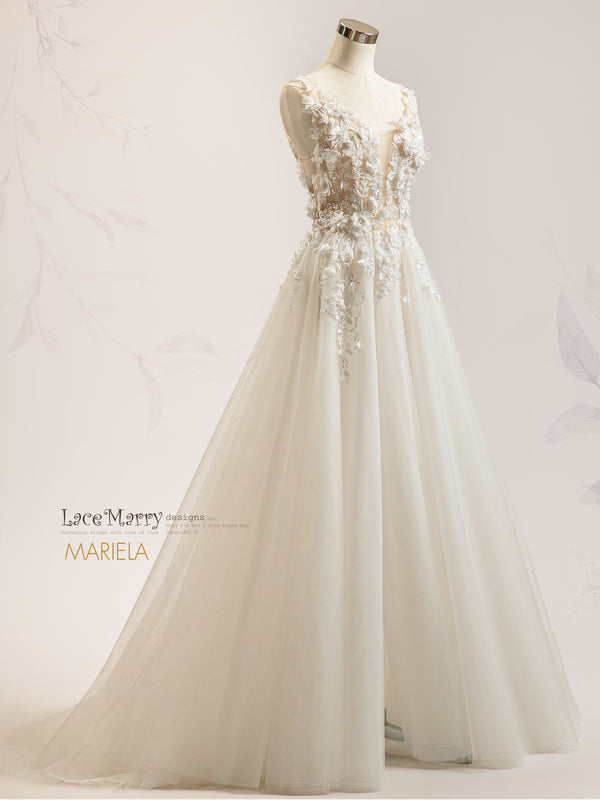 MARIELA / Sexy Neckline Wedding Dress with A Line Skirt - LaceMarry