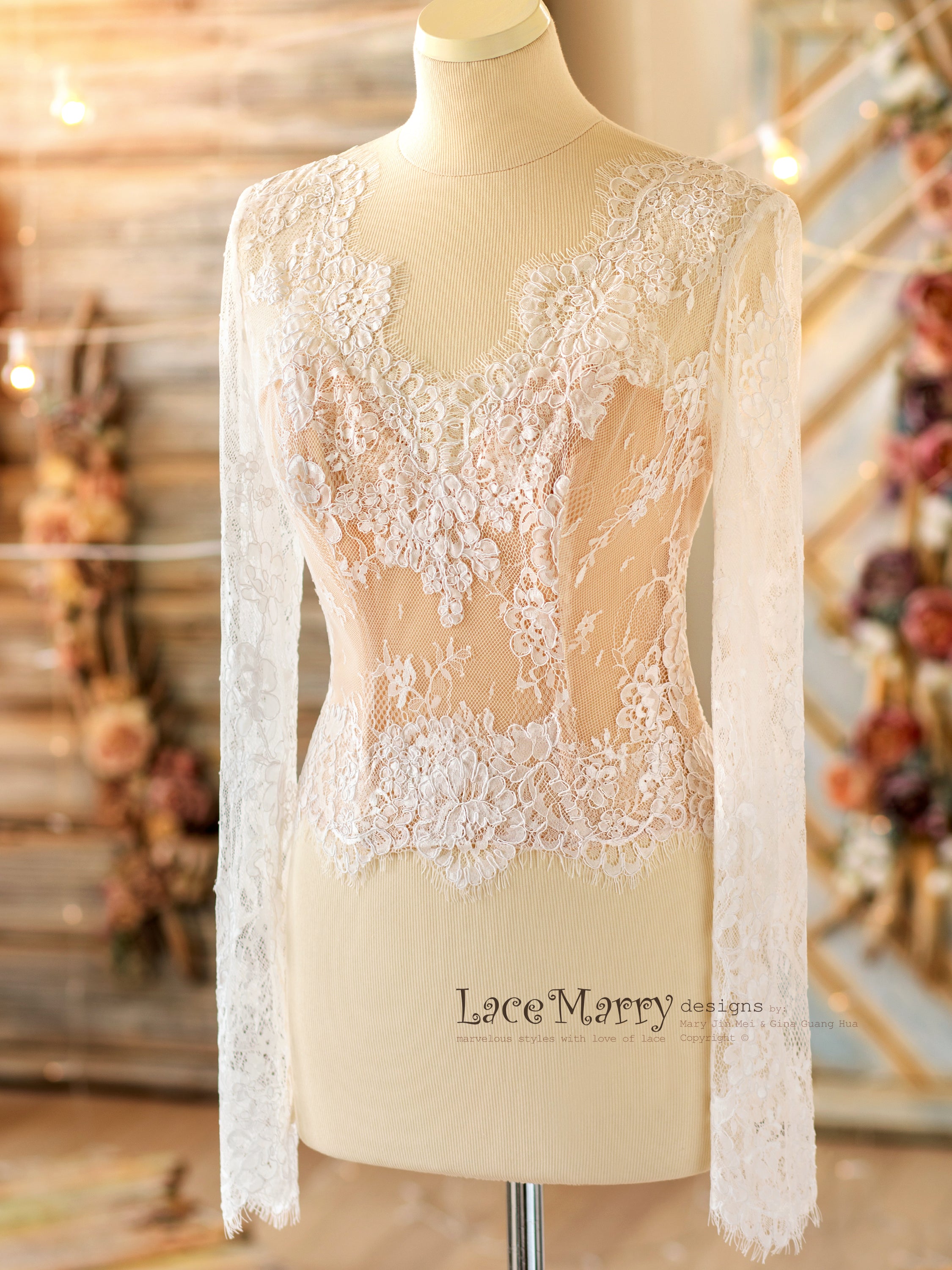 V Neck Lace Top Wedding Dress