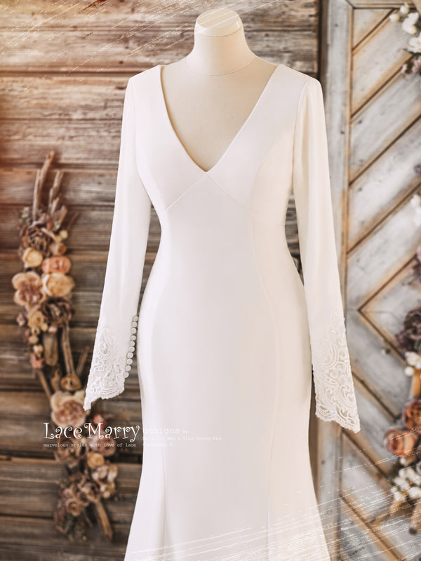 VANESSA / Plain Wedding Dress with Long Sleeves and Illusion Back ...