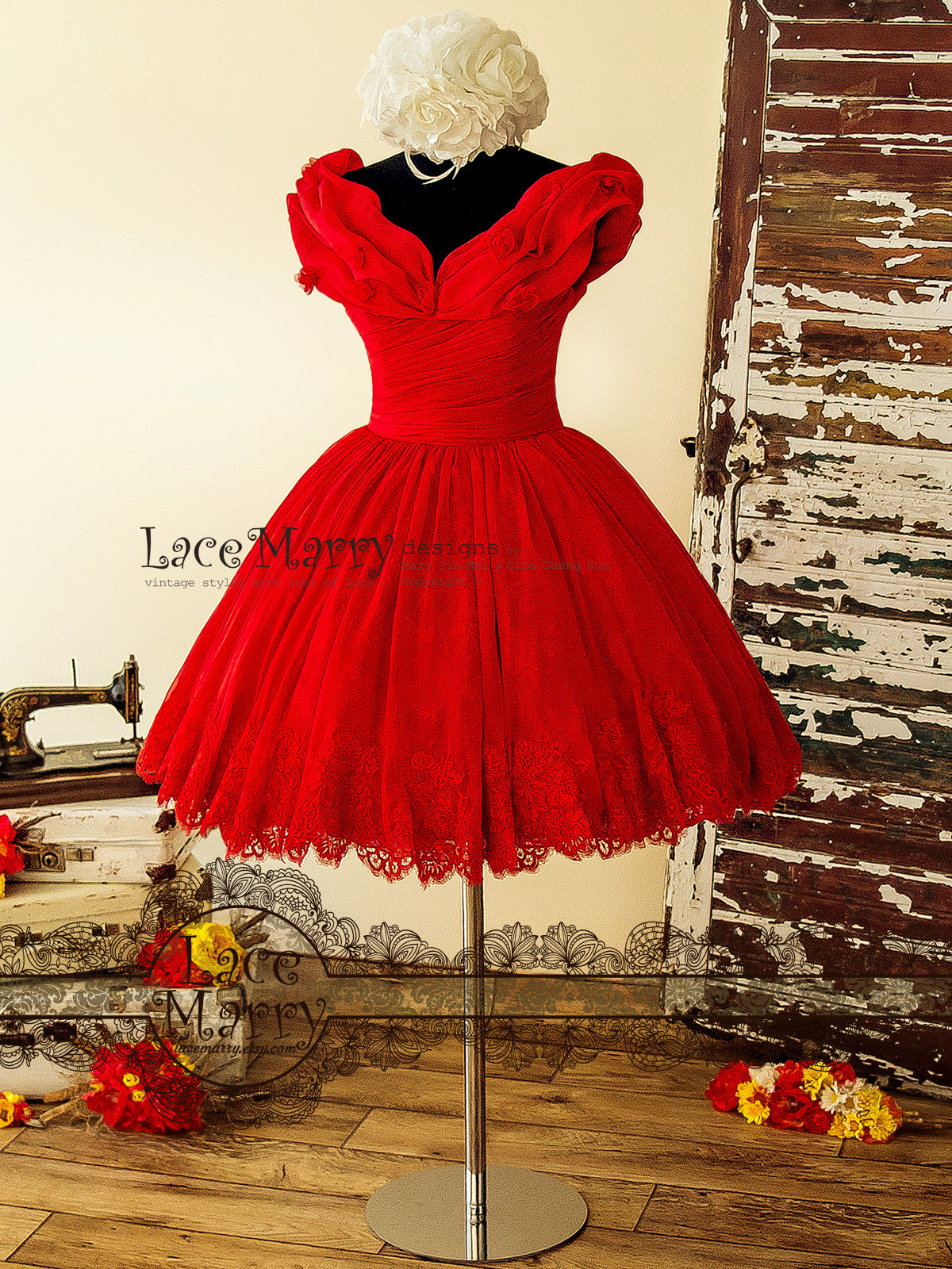 Princess Short Red Dress with Off Shoulder Organza Top & Puffy Skirt ...