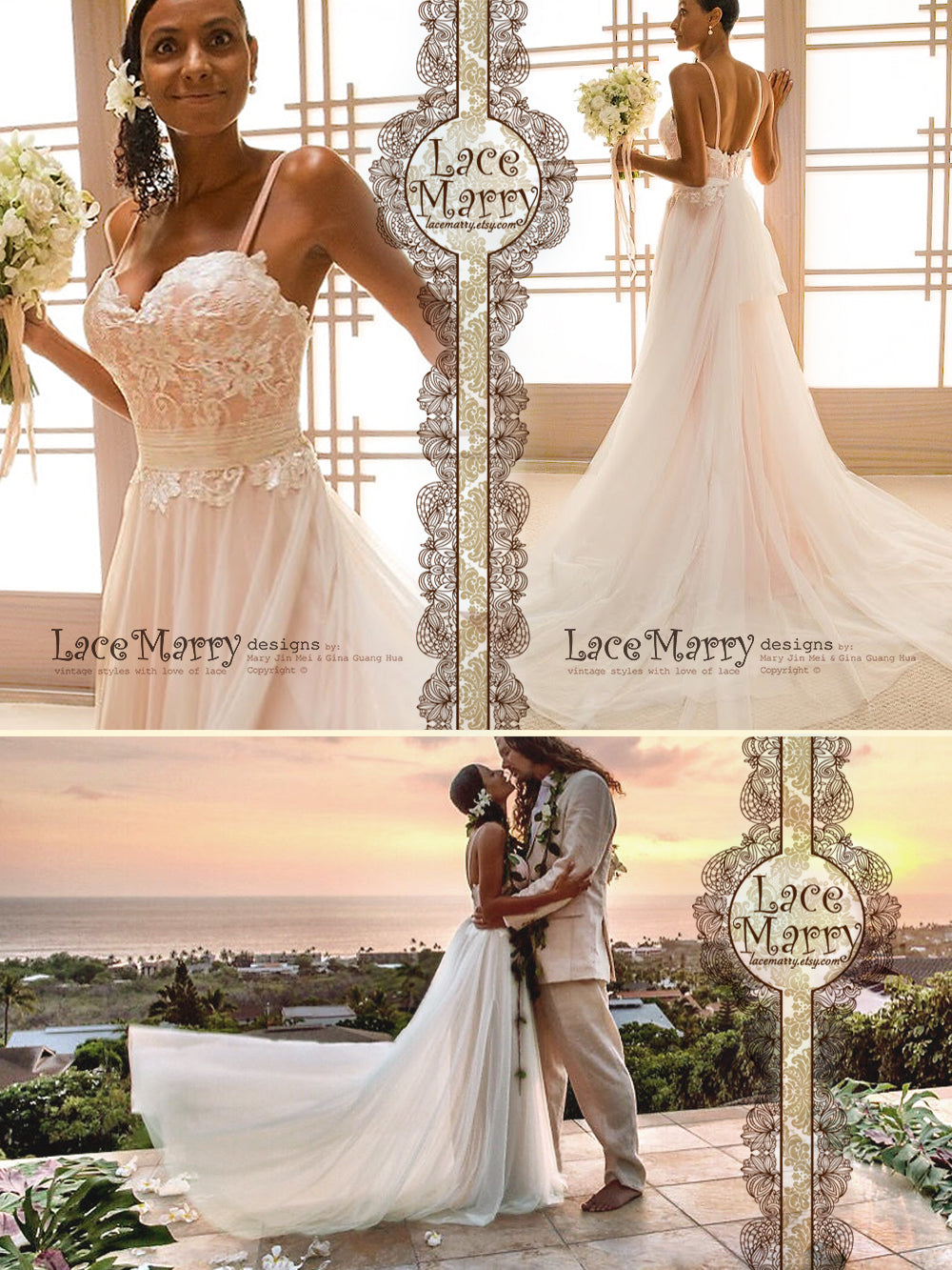 Rose Gold Beach Wedding Dress from Lace and Soft Tulle - LaceMarry