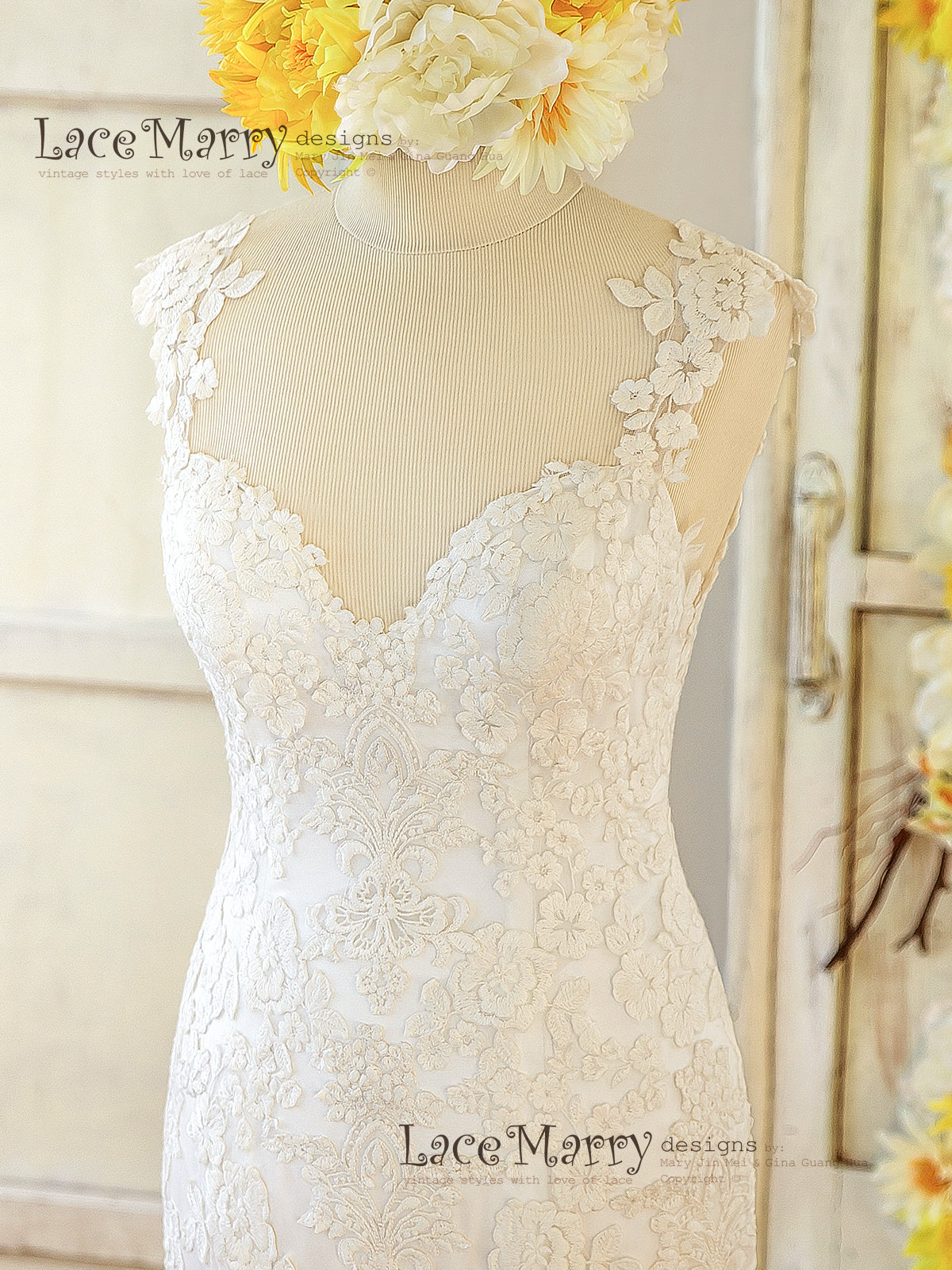 Lace Applique Wedding Dress with Deep Sweetheart Neckline - LaceMarry