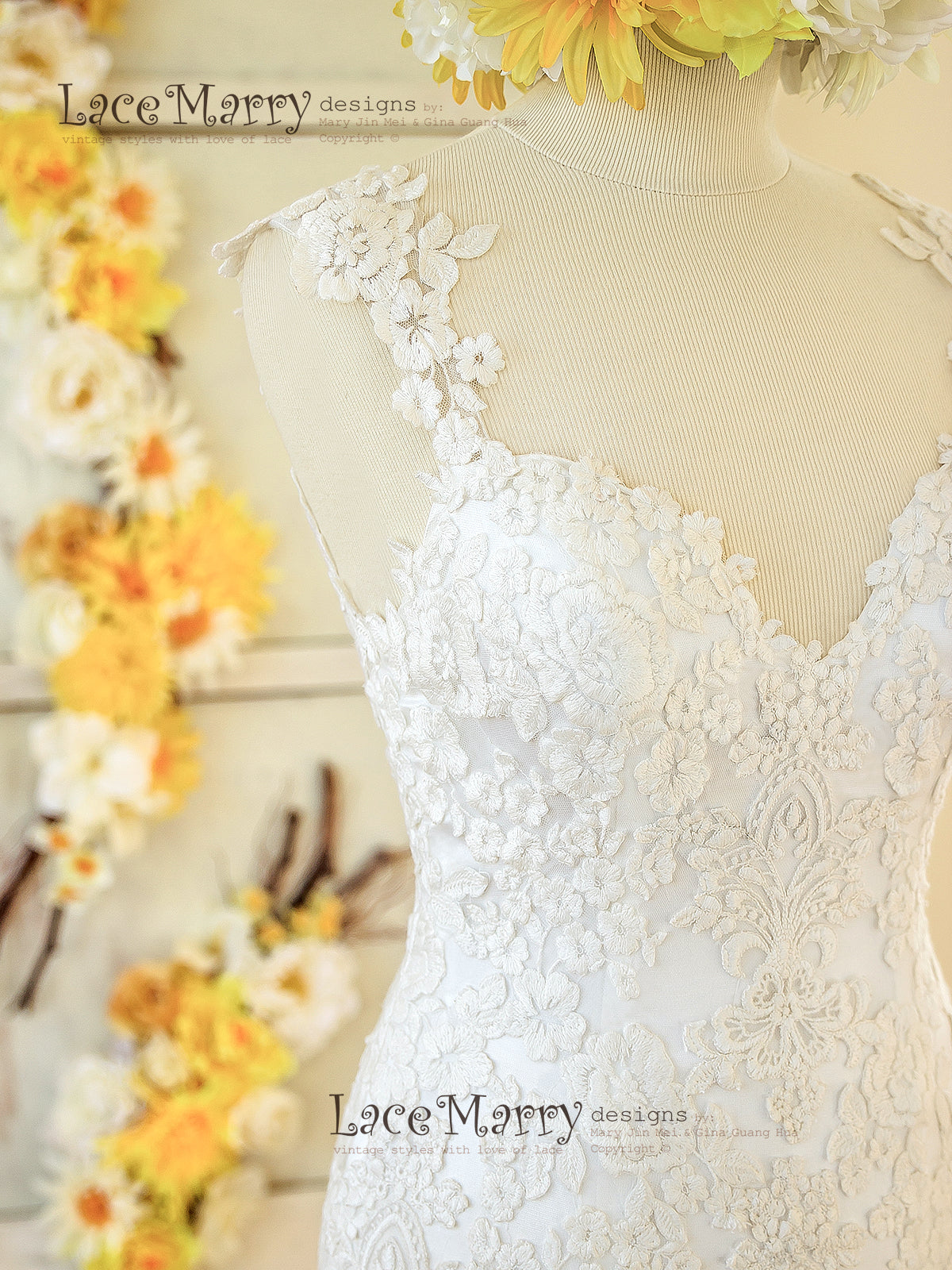 Lace Applique Wedding Dress with Deep Sweetheart Neckline - LaceMarry