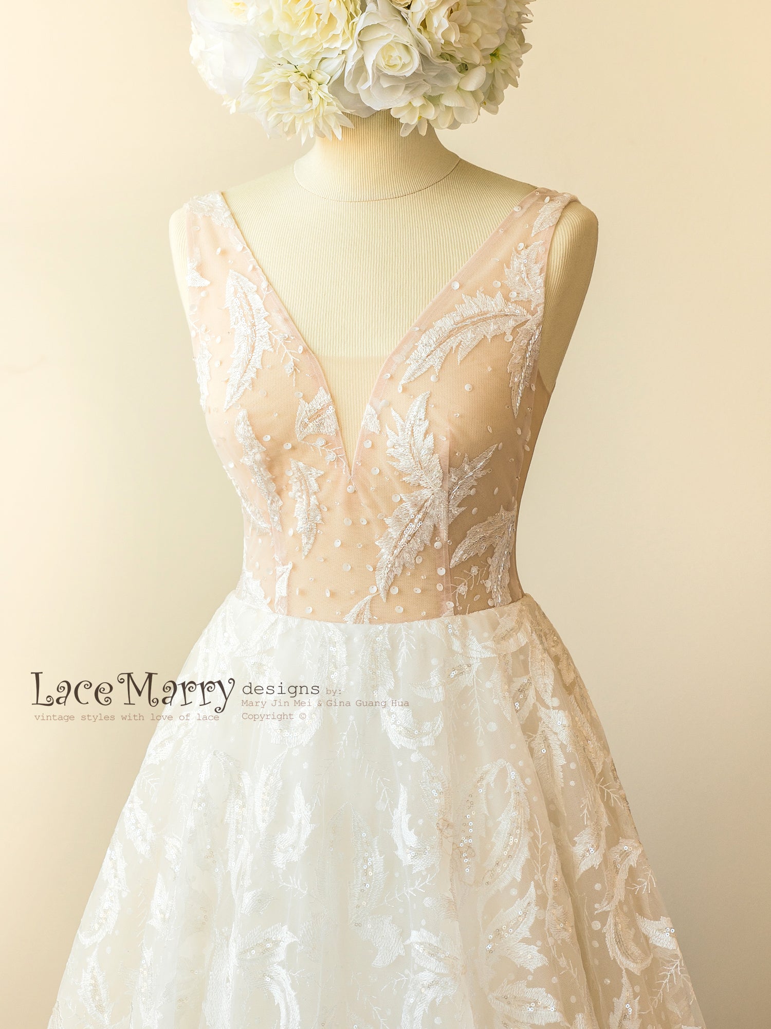 Unique Lace Wedding Dress in Sparkly Feather Pattern - LaceMarry