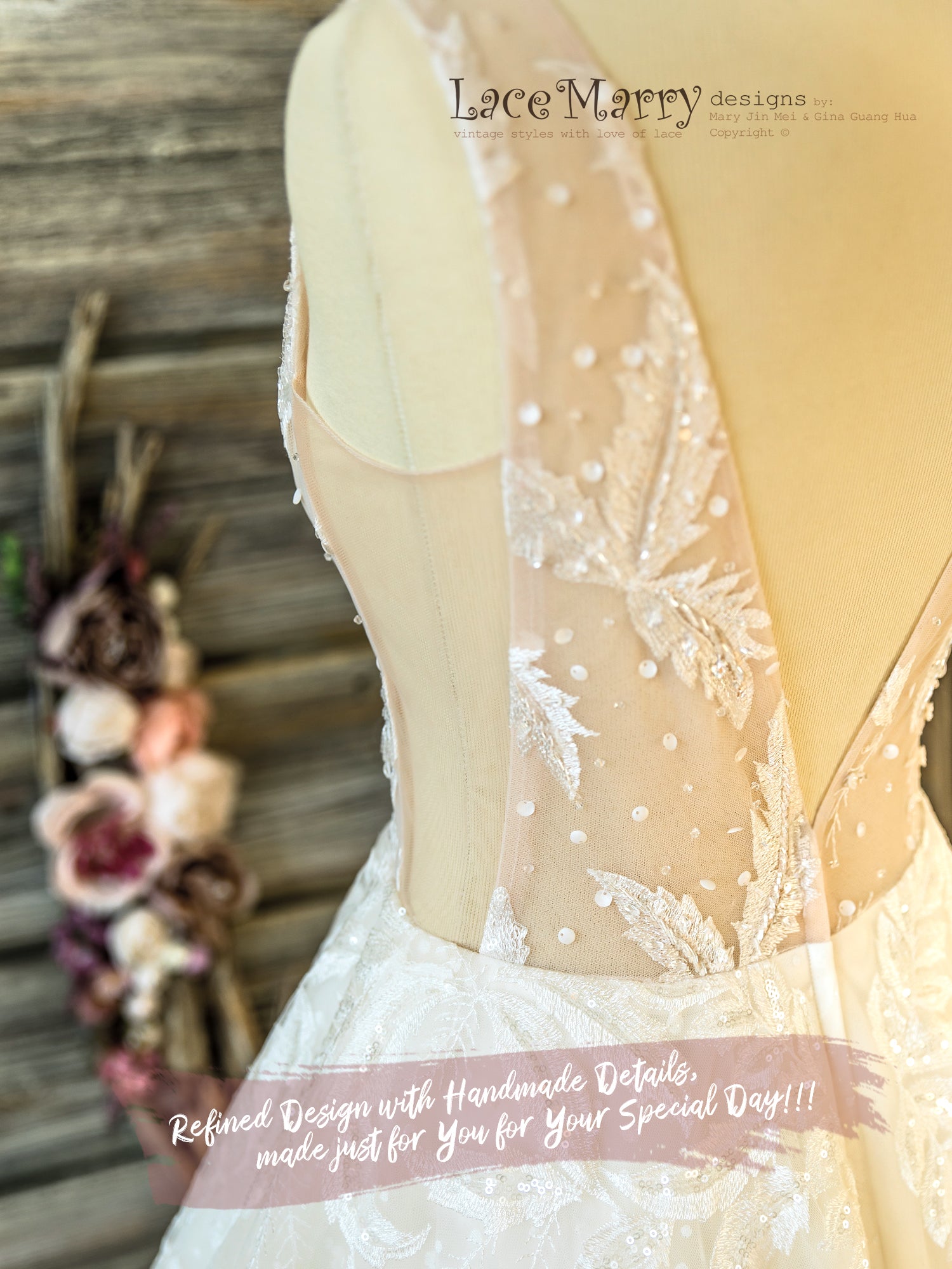 Unique Lace Wedding Dress in Sparkly Feather Pattern - LaceMarry