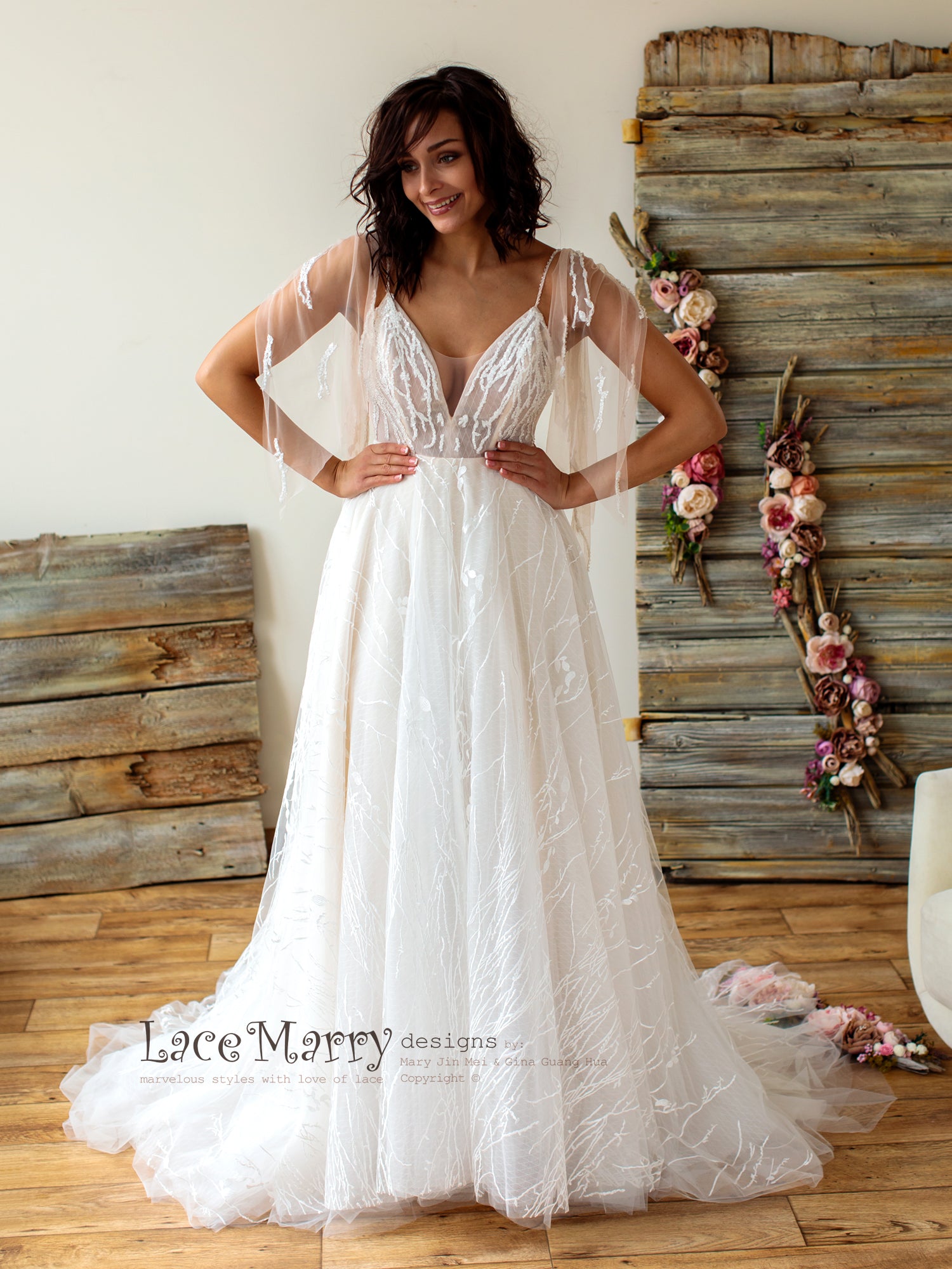 Unique Lace Wedding Dress with A-Line Skirt - LaceMarry