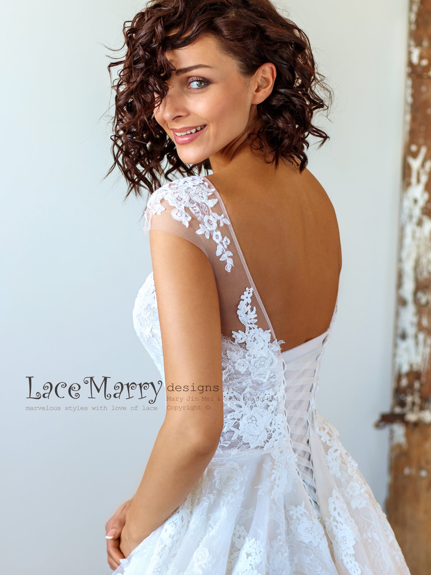 Princess Lace Wedding Dress with Ivory Floral Appliqués - LaceMarry