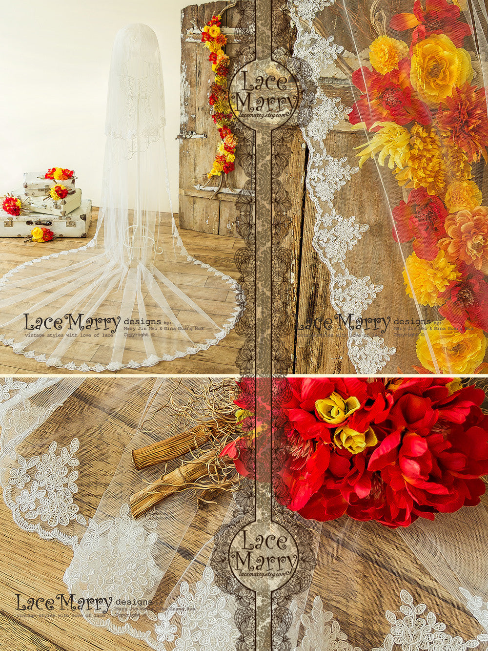 Double Layer Cathedral Veil, Two Tier Long Venetian Lace Bridal Veil ...