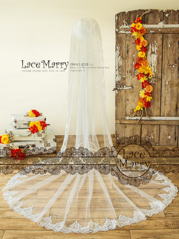 Cathedral Length Lace Wedding Veil with Corded Eyelash Lace Hem - LaceMarry